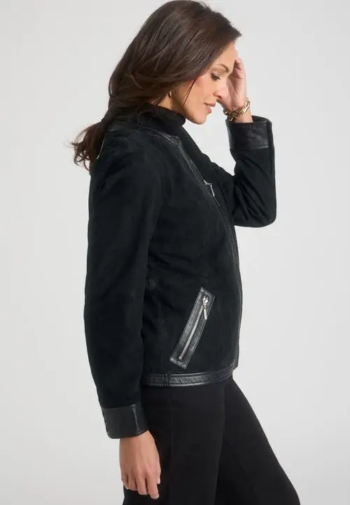 JESSICA LONDON Suede Jacket With Leather Trim - Black