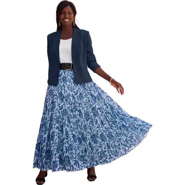 JESSICA LONDON Flowing Crinkled Maxi Skirt - Blue Floral Tapestry