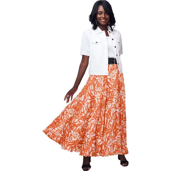 JESSICA LONDON Flowing Crinkled Maxi Skirt - Orange Brushed Tribal