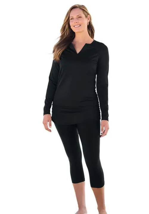 SWIM 365 Split Neck Long Sleeve Swim Tee With Built In Bra - Black