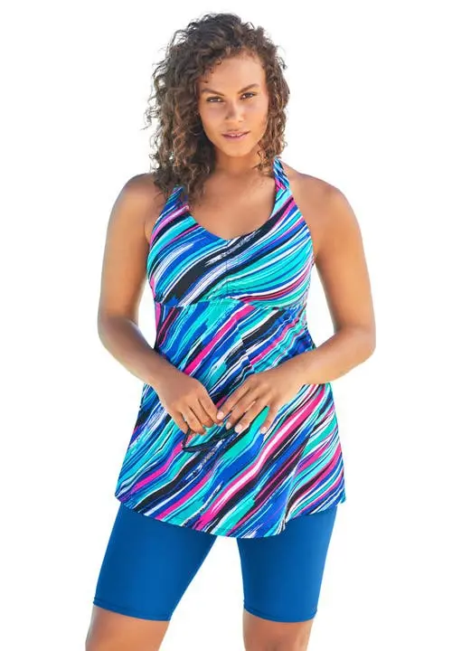 SWIM 365 Braided Tankini Top - Berry Turq Stripe