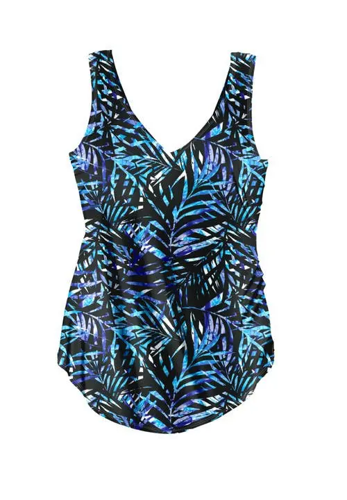 SWIM 365 Sarong V-neck One-piece Swimsuit - Blue Painterly Leaves