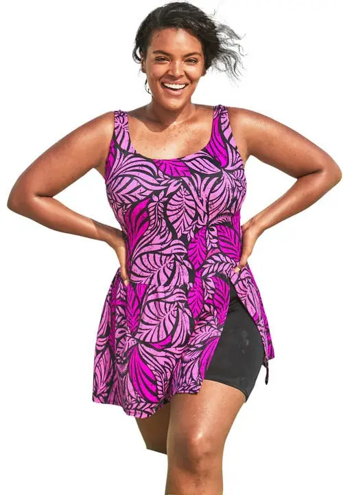 SWIM 365 Side-slit Swim Dress - Bright Fuchsia Leaf