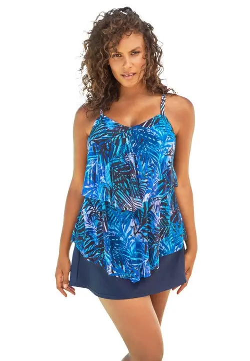 SWIM 365 Mesh Double-tier Tankini Top - Blue Leafy Palms