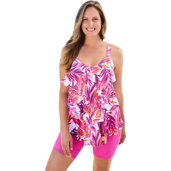 SWIM 365 Longer-length Tiered-ruffle Tankini Top - Aloha Fuchsia Leaves