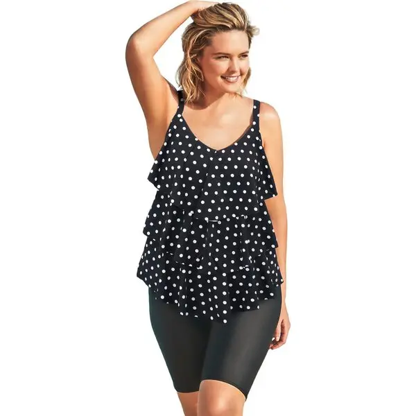 SWIM 365 Longer-length Tiered-ruffle Tankini Top - Black Dots