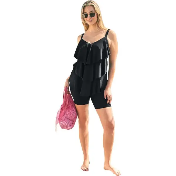 SWIM 365 Longer-length Tiered-ruffle Tankini Top - Black