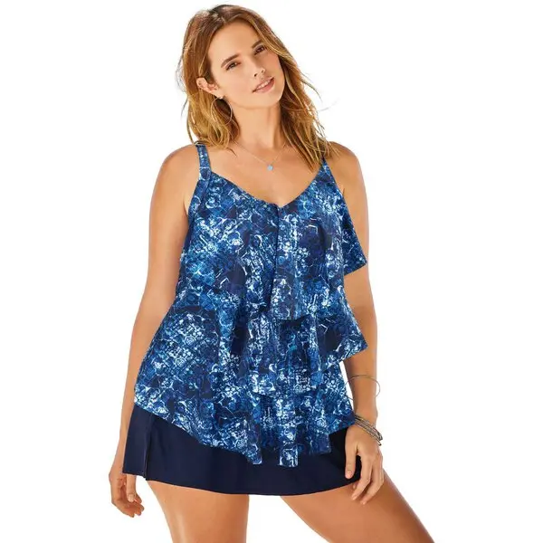 SWIM 365 Longer-length Tiered-ruffle Tankini Top - Blue Medallion Print