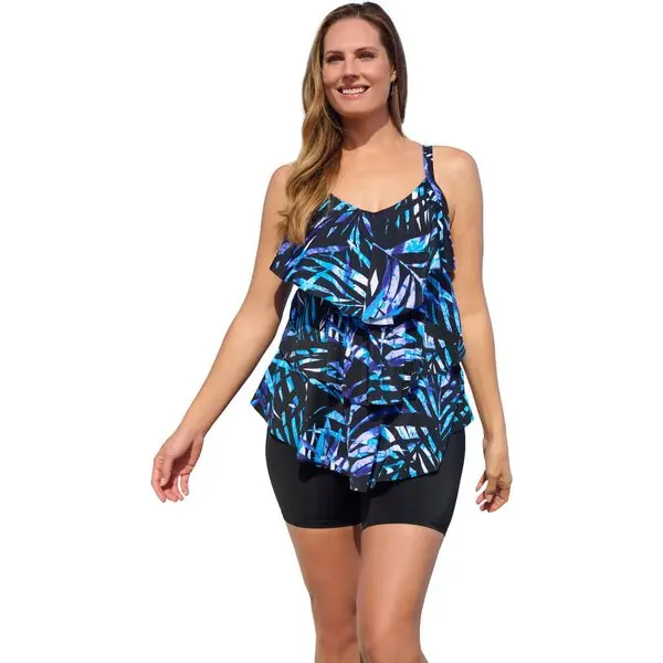 SWIM 365 Longer-length Tiered-ruffle Tankini Top - Blue Painterly Leaves