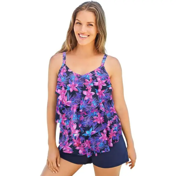 SWIM 365 Longer-length Tiered-ruffle Tankini Top - Navy Tropical Floral