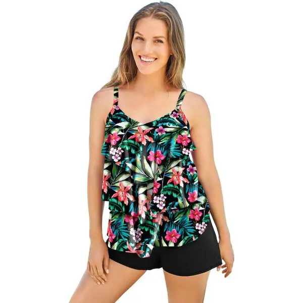 SWIM 365 Longer-length Tiered-ruffle Tankini Top - Oasis Floral