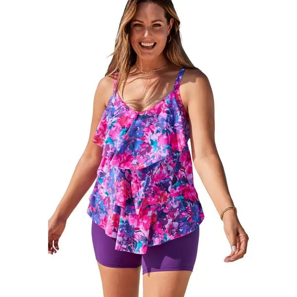 SWIM 365 Longer-length Tiered-ruffle Tankini Top - Pink
