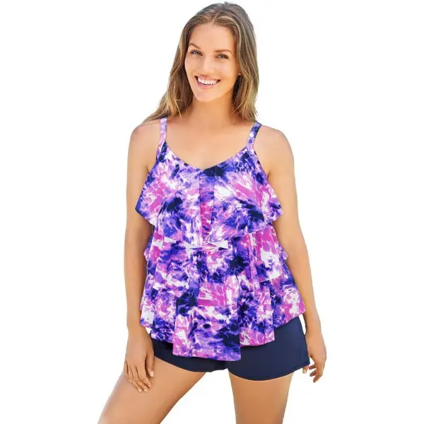 SWIM 365 Longer-length Tiered-ruffle Tankini Top - Purple Tie Dye