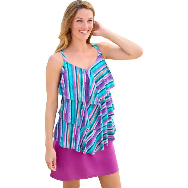 SWIM 365 Longer-length Tiered-ruffle Tankini Top - Turq Paradise Stripe