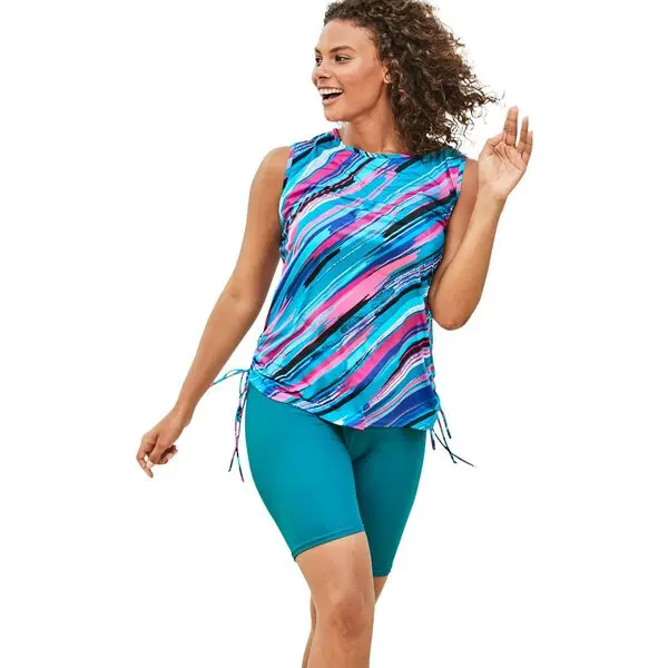 SWIM 365 Chlorine Resistant Swim Tank Coverup With Side Ties - Teal Painterly Stripes