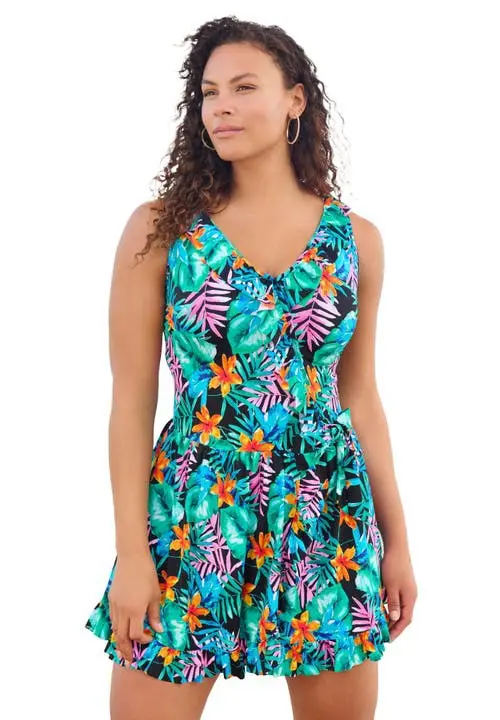 SWIM 365 Faux-wrap Swim Dress - Black Hula Palm