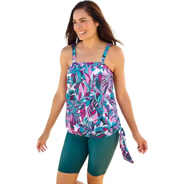 SWIM 365 Blouson Tankini Top With Adjustable Straps - Fuchsia Retro Leaves