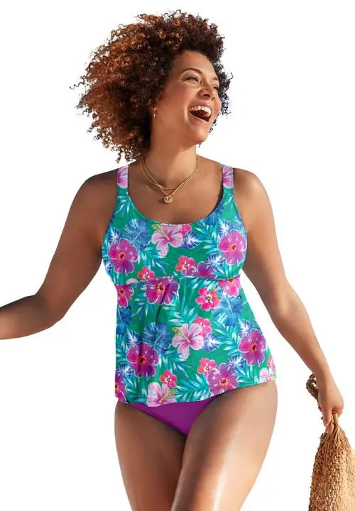 SWIMSUITS FOR ALL Flared Tankini Top - Emerald Hibiscus