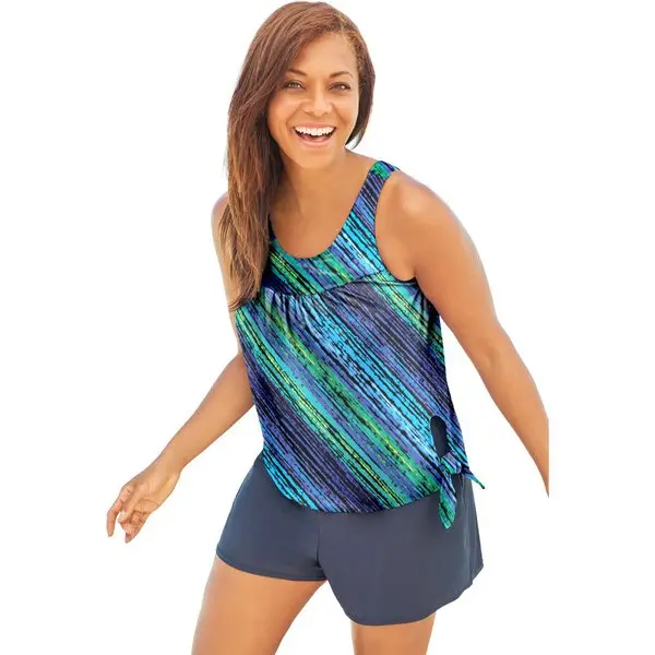 SWIM 365 Blouson Two-piece Swim Set - Teal Diagonal Stripe