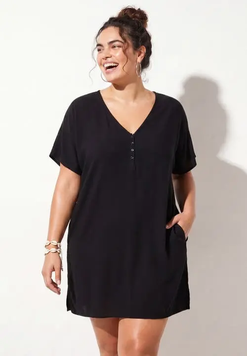 SWIMSUITS FOR ALL French Terry Lightweight Cover Up Tunic - Black