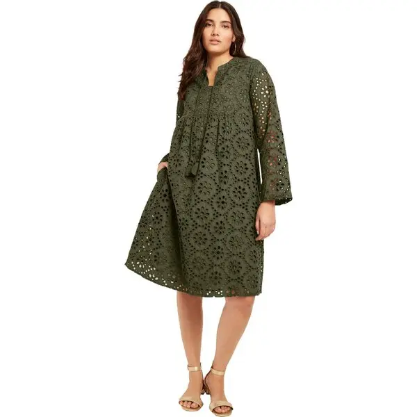JUNE + VIE Eyelet Shirtdress - Dark Olive Green