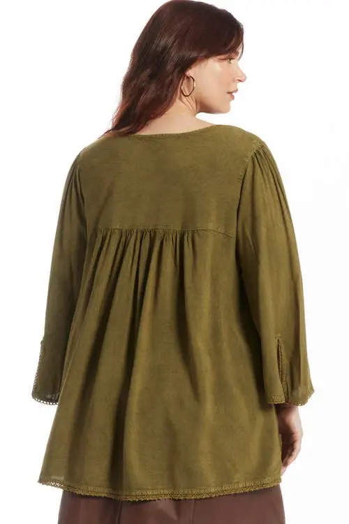 JUNE + VIE Acid Wash Peasant Blouse With Tie Neckline - Forest Moss