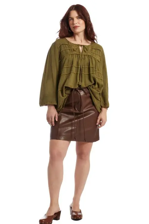 JUNE + VIE Acid Wash Peasant Blouse With Tie Neckline - Forest Moss