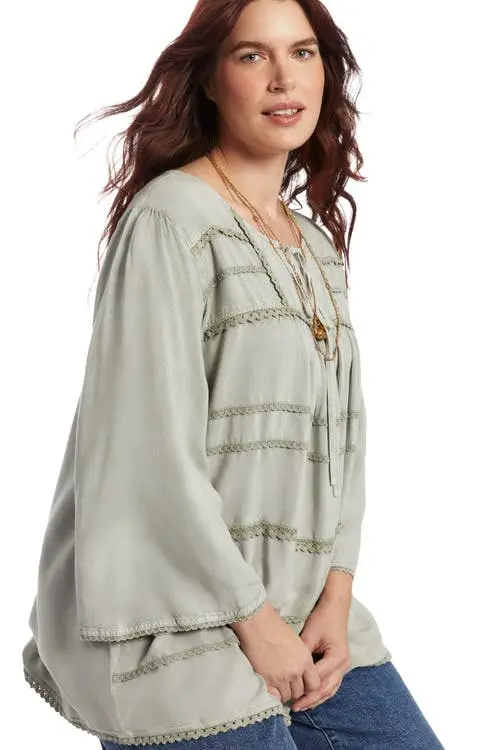JUNE + VIE Acid Wash Peasant Blouse With Tie Neckline - Slate