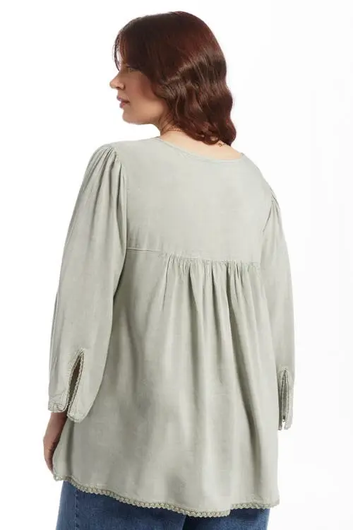 JUNE + VIE Acid Wash Peasant Blouse With Tie Neckline - Slate