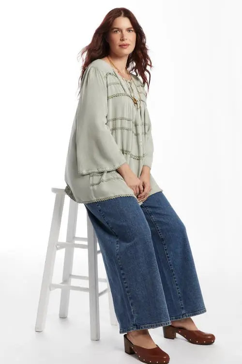 JUNE + VIE Acid Wash Peasant Blouse With Tie Neckline - Slate
