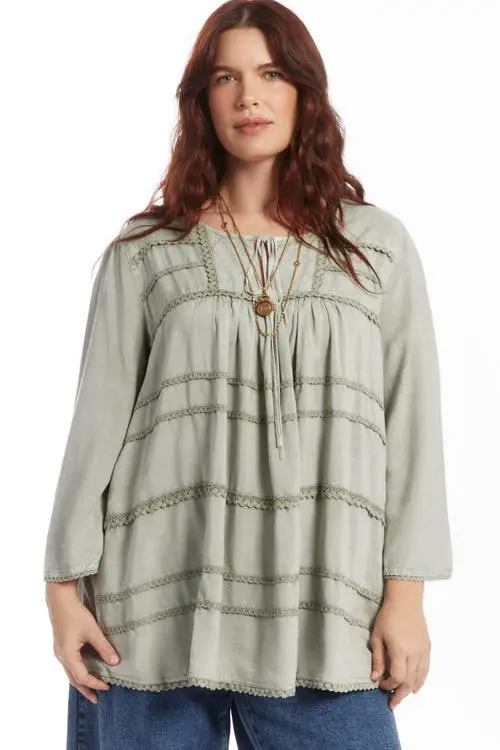JUNE + VIE Acid Wash Peasant Blouse With Tie Neckline - Slate
