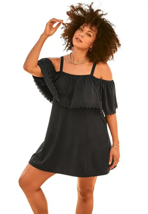 SWIM 365 Laser-cut Off-the-shoulder Swim Dress - Black
