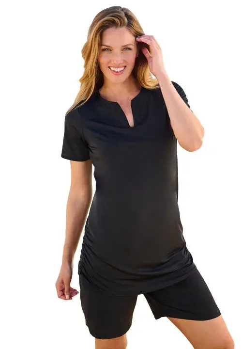 SWIM 365 Split Neck Short Sleeve Swim Tee With Built-in Bra - Black