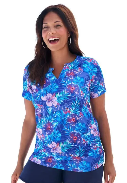 SWIM 365 Split-neck Short Sleeve Swim Tee With Built-in Bra - Electric Iris Hibiscus