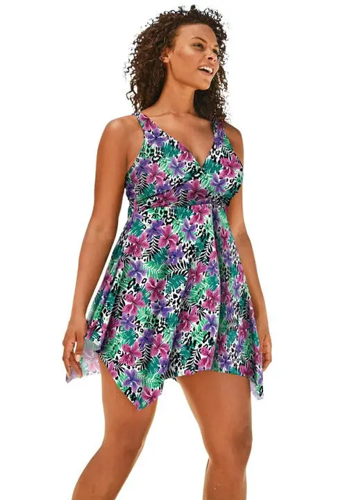 SWIM 365 Handkerchief-hem Twist-front Tummy Control Two-piece Swim Dress - Leopard Tropical Floral