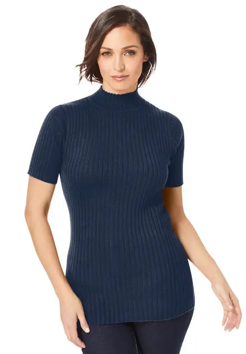 JESSICA LONDON Ribbed Mockneck Sweater - Navy