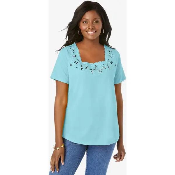 JESSICA LONDON Stretch Cotton Eyelet Cutout Tee - Light Aqua
