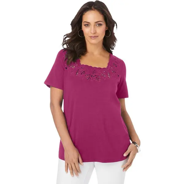 JESSICA LONDON Stretch Cotton Eyelet Cutout Tee - Raspberry