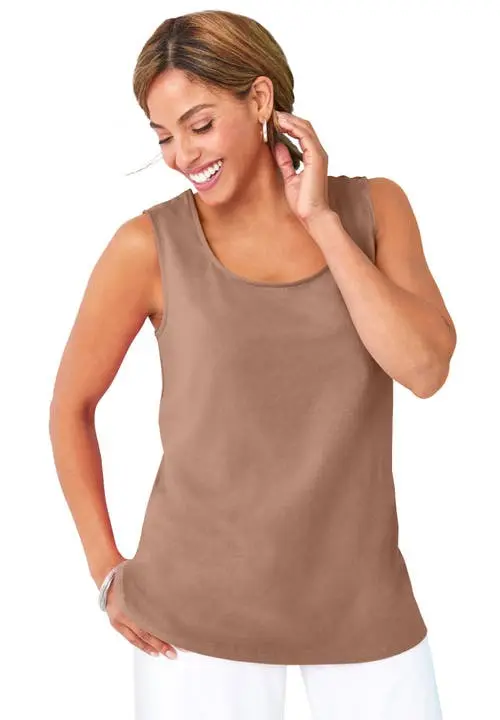 JESSICA LONDON Stretch Cotton Horseshoe Neck Tank - Creamy Mocha