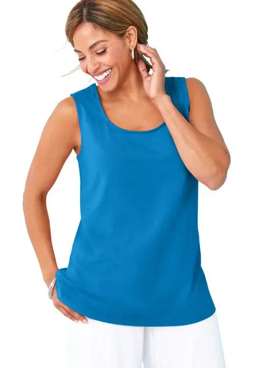 JESSICA LONDON Stretch Cotton Horseshoe Neck Tank - Pool Blue