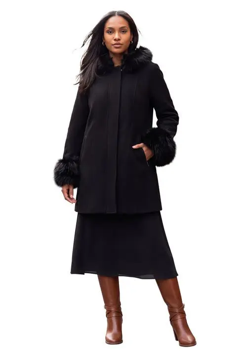 JESSICA LONDON Hooded Faux Fur Trim Coat