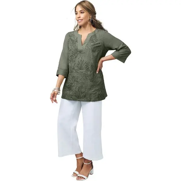 JESSICA LONDON Linen V-neck Embroidered Tunic - Olive Green Leaf Embroidery