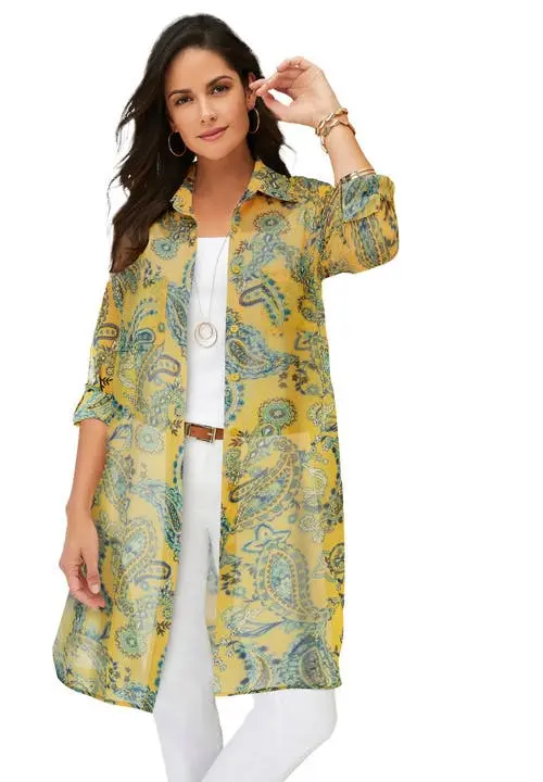 JESSICA LONDON Sheer Georgette Longline Tunic - Yellow Playful Paisley