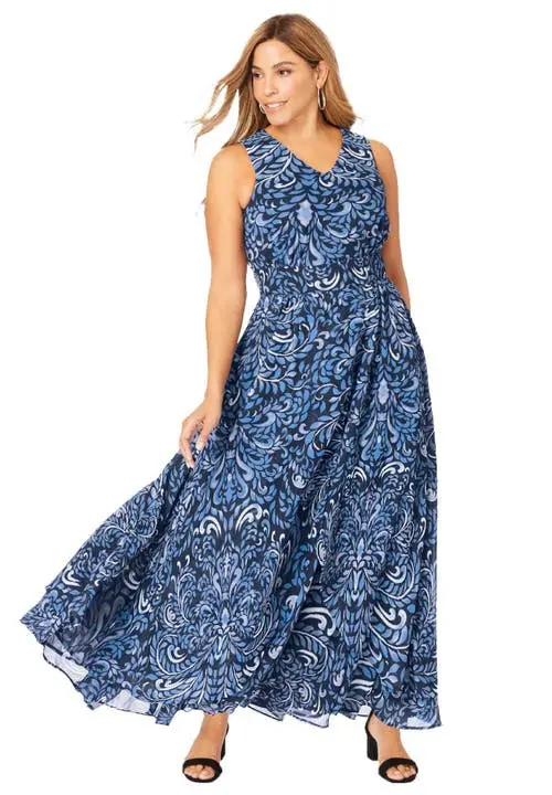 JESSICA LONDON Georgette Flyaway Maxi Dress - Navy Painted Scroll
