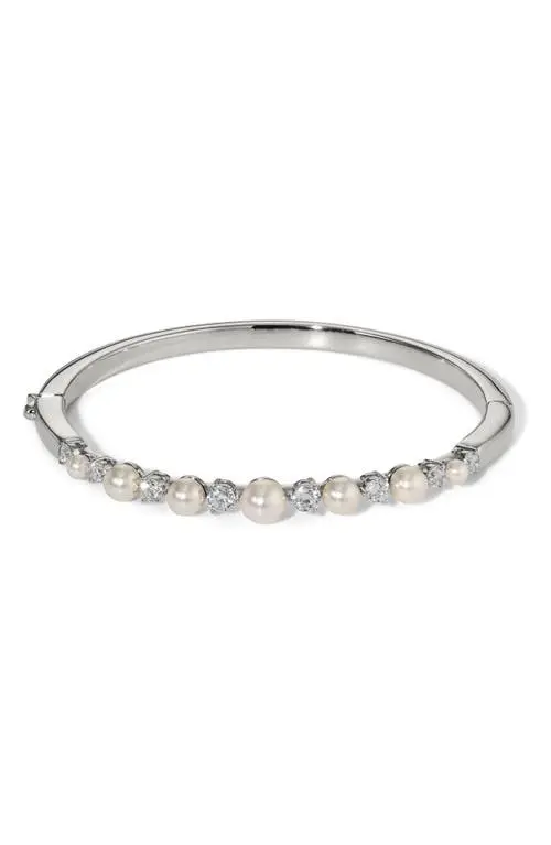 Nadri Cubic Zirconia And Faux Pearl Hinge Bangle - Rhodium