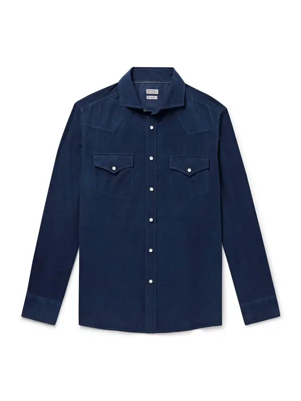 Brunello Cucinelli Cutaway-collar Cotton-corduroy Western Shirt - Blue