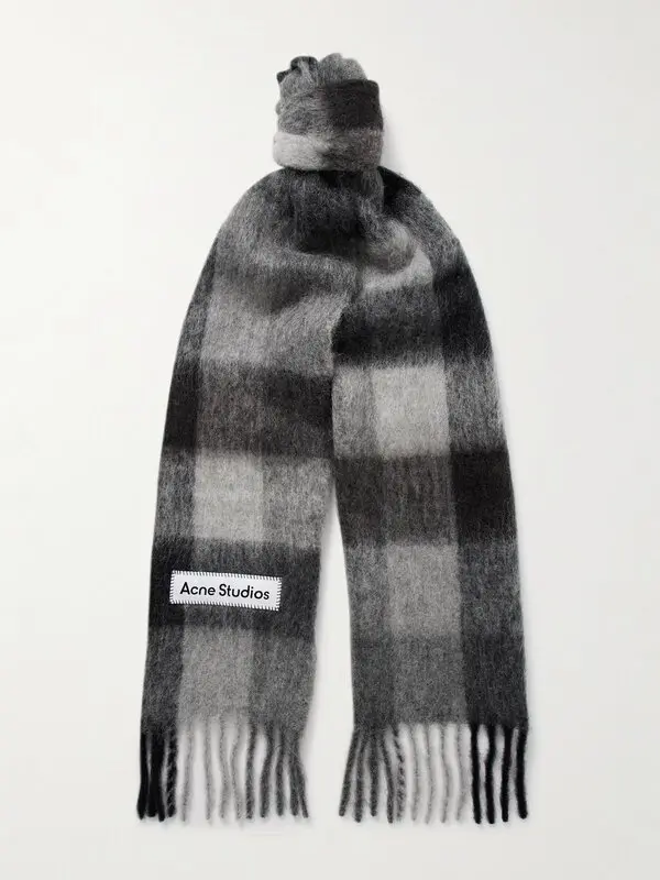 Acne Studios Fringed Checked Knitted Scarf - Gray