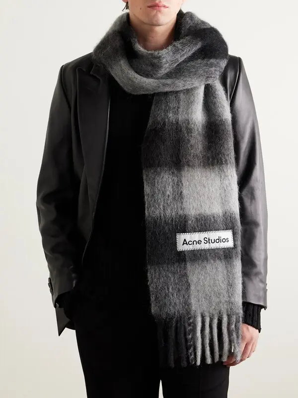 Acne Studios Fringed Checked Knitted Scarf - Gray