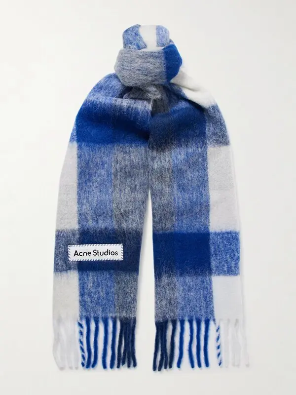 Acne Studios Vally Fringed Checked Knitted Scarf - Blue