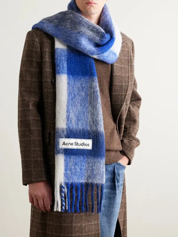 Acne Studios Vally Fringed Checked Knitted Scarf - Blue